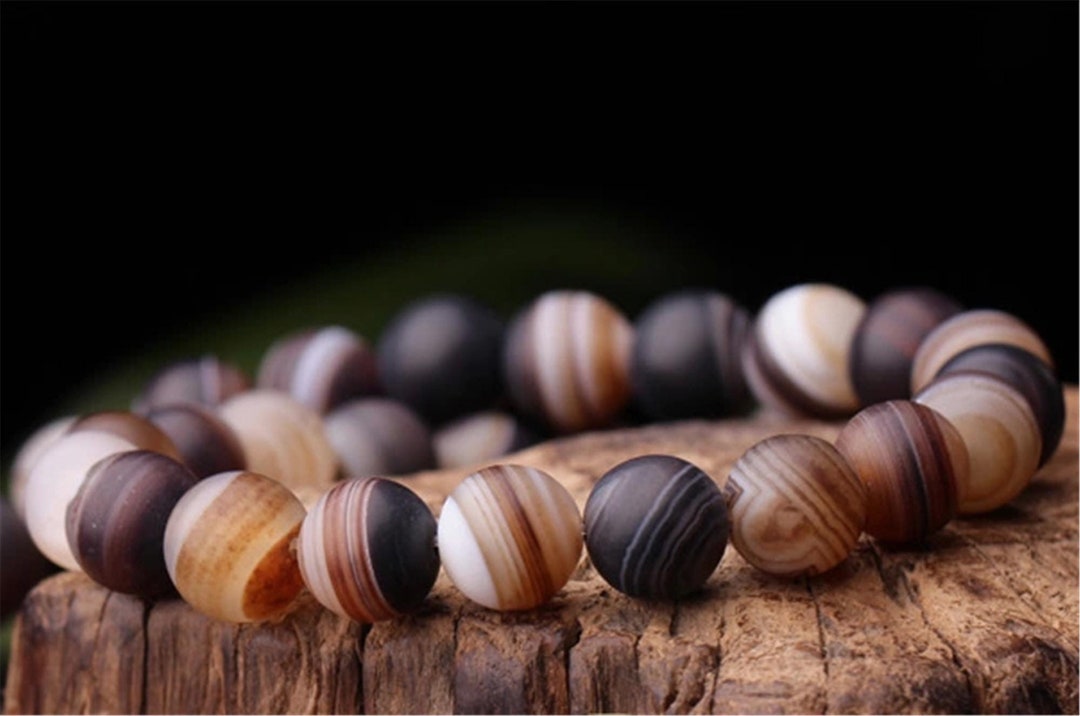 8mm-12mm Natural Frosted Stripe Agate Beads, Brown, Round, 15.4 Inch ...