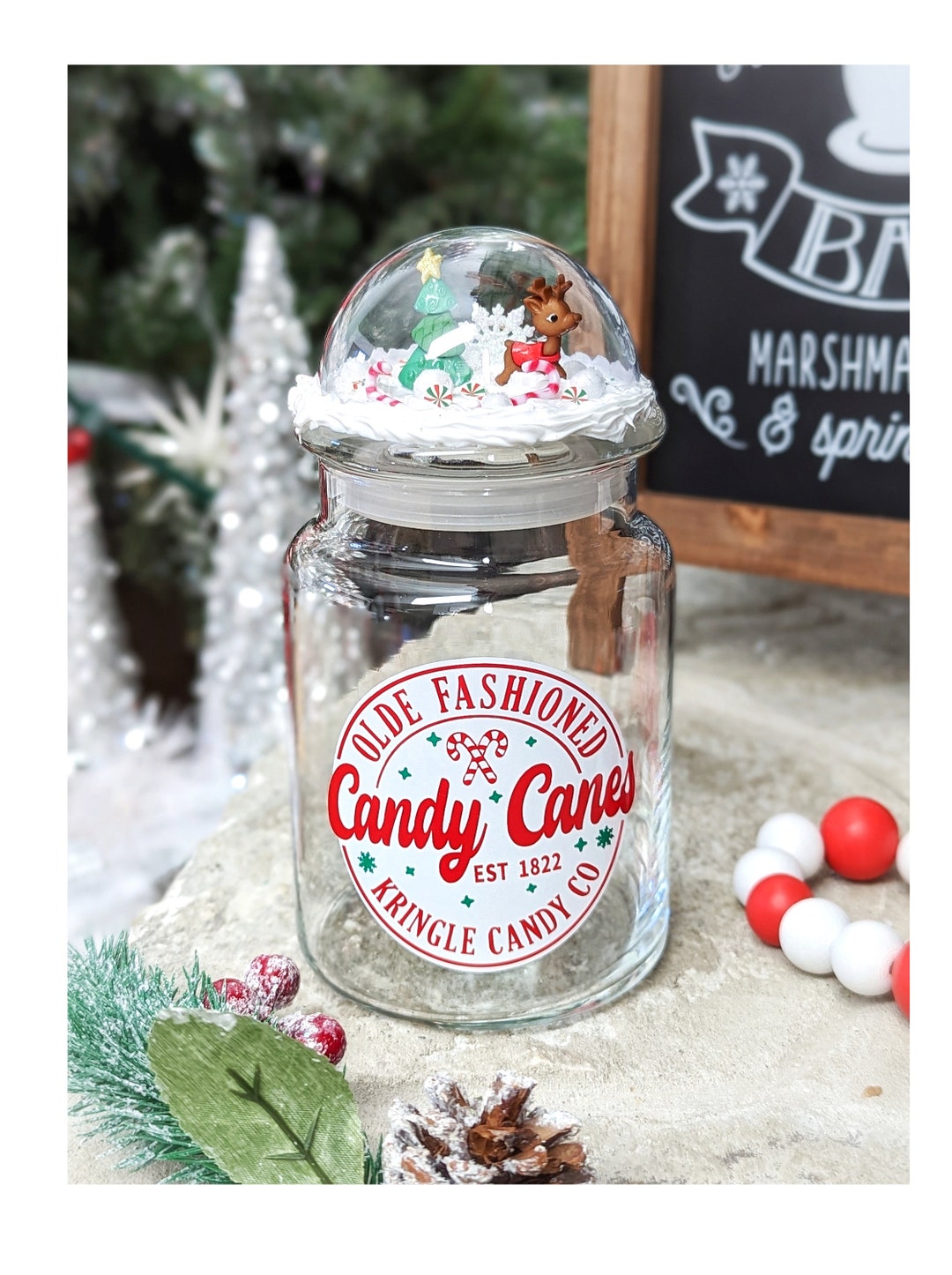 Christmas Candy Jar, Holiday Candy Cane Jar, Reindeer Desk Candy Jar ...