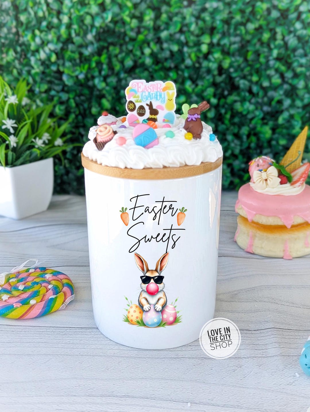 Retro Easter Bunny Ceramic Candy Jar With Bamboo Lid, Vintage Easter ...