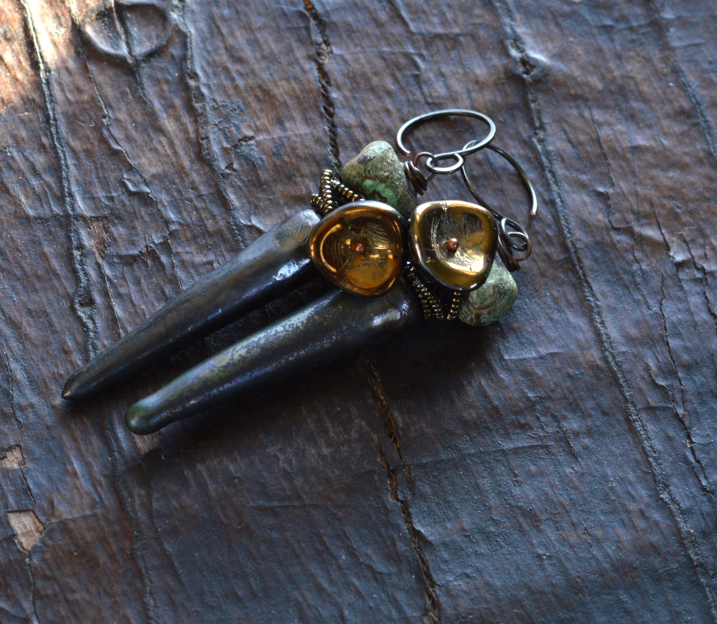 Artisan Hand Made Bronze Clay Spike Dagger Dangle Earrings With Golden ...