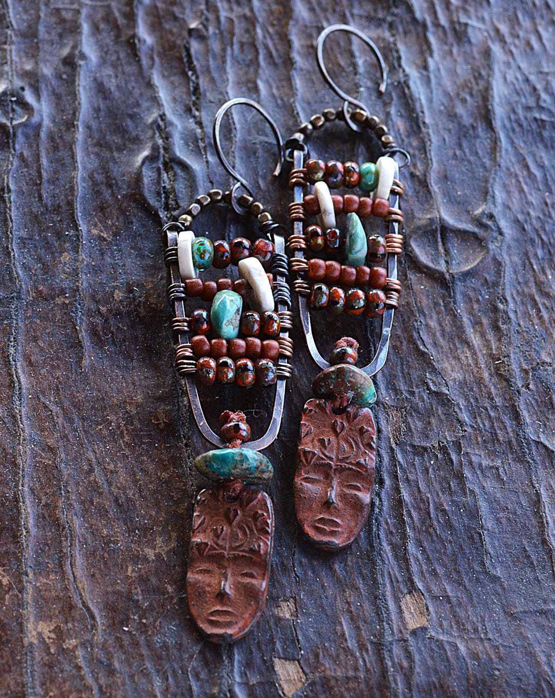 Modern Tribal RED Mask Dangles Czech Glass Picasso Seed Beads Turquoise ...