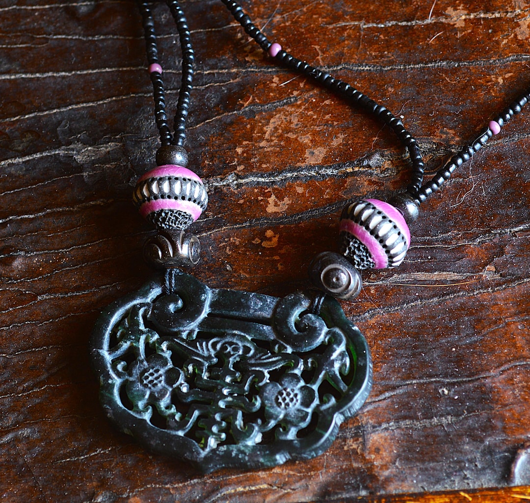 Serpentine Vintage Chinese Lock Amulet Pendant Artisan Ceramic Beads ...