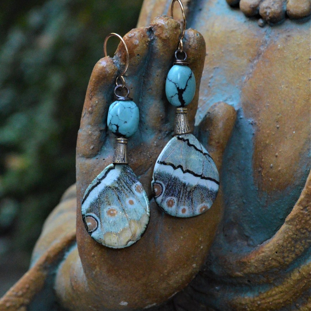 Turquoise Blue Butterfly Wing Modern Bohemian Ceramic Clay Dangle ...