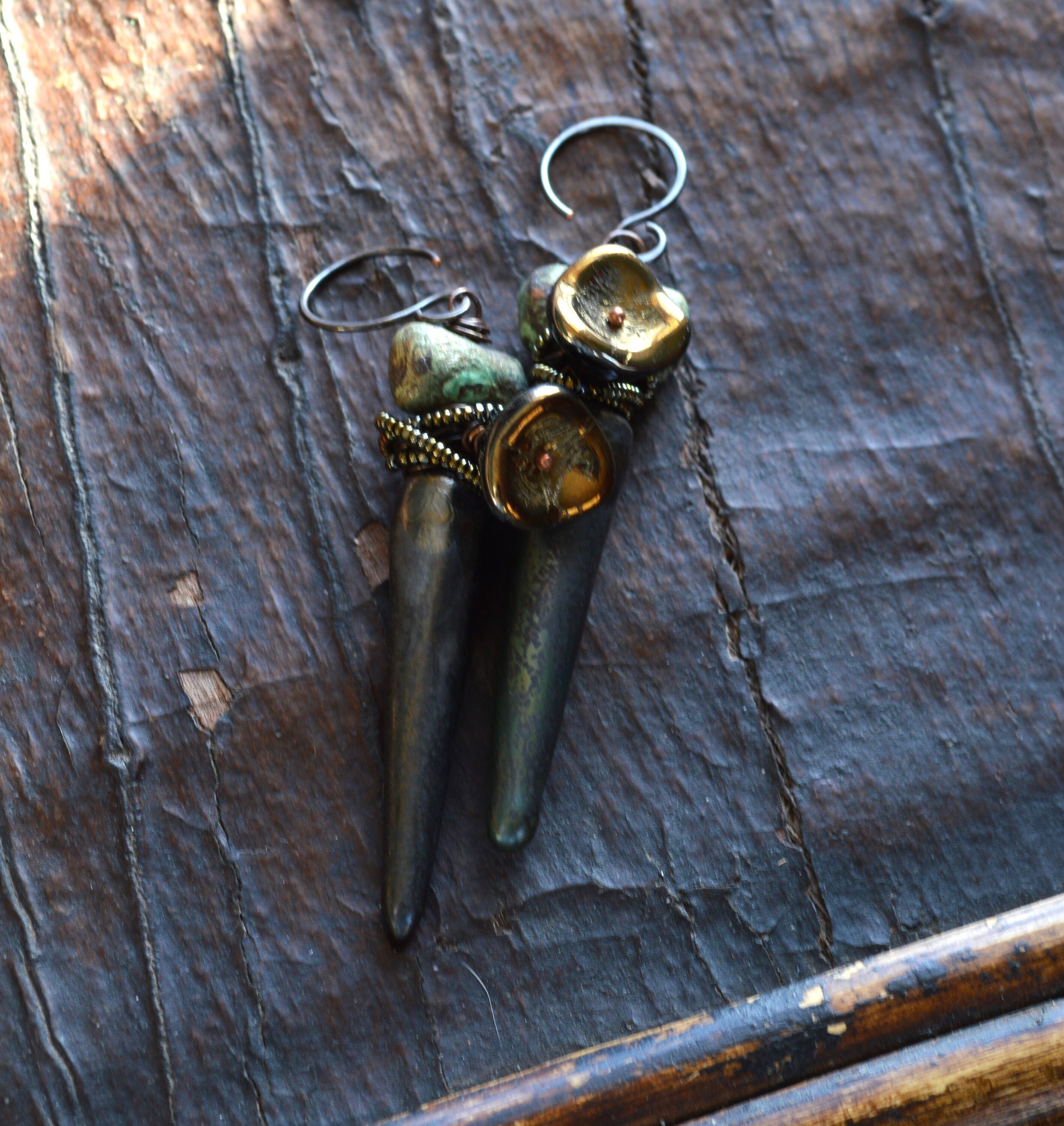 Artisan Hand Made Bronze Clay Spike Dagger Dangle Earrings With Golden ...