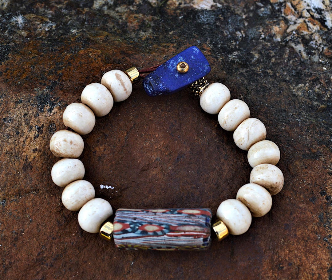 Handmade Bone Bead Bracelet With Lapis Lazuli and Java Glass - Etsy