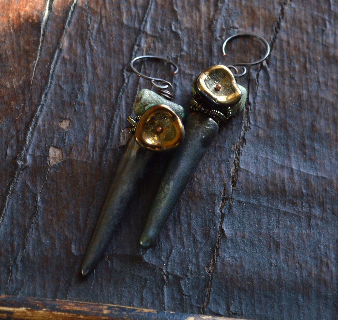 Artisan Hand Made Bronze Clay Spike Dagger Dangle Earrings With Golden ...