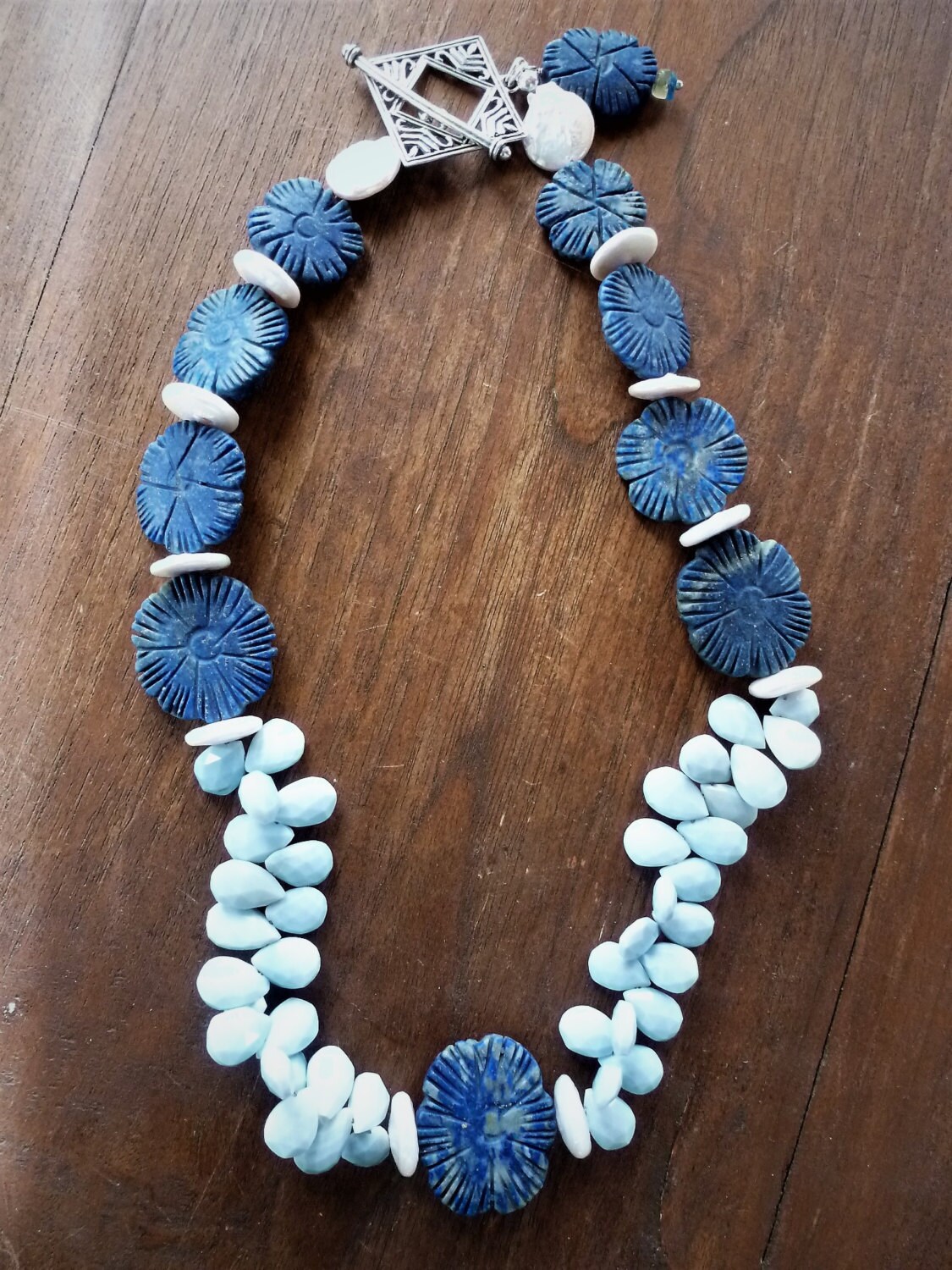 Blue On Blue Necklace pearls natural Lapis Lazuli carved | Etsy
