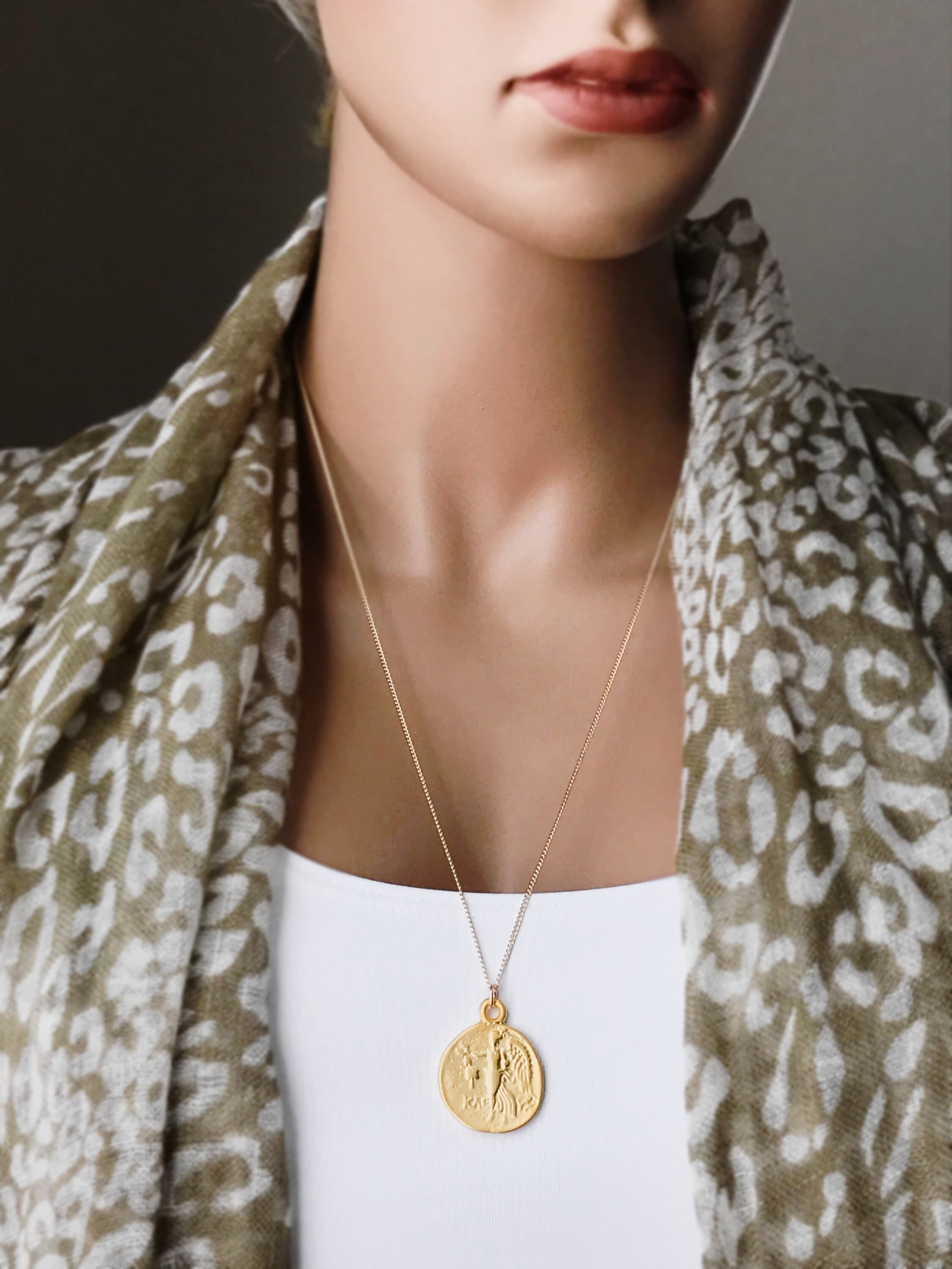 Greek Coin Medallion Necklace, 14k Gold Filled Curb Chain, Ancient ...