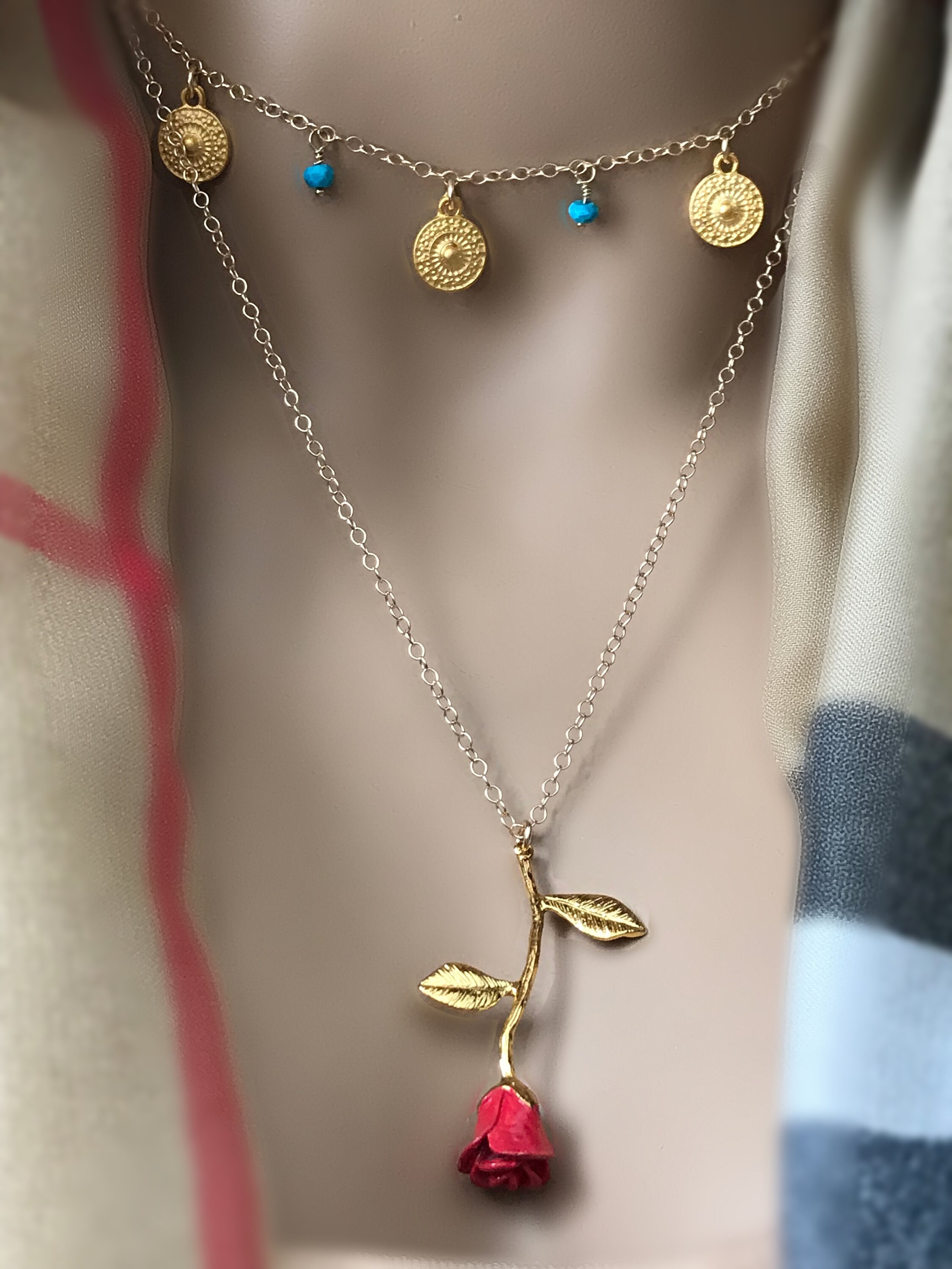 Red Rose Gold Necklace, 14k Gold Filled Necklace, Dainty Long Stem Rose ...