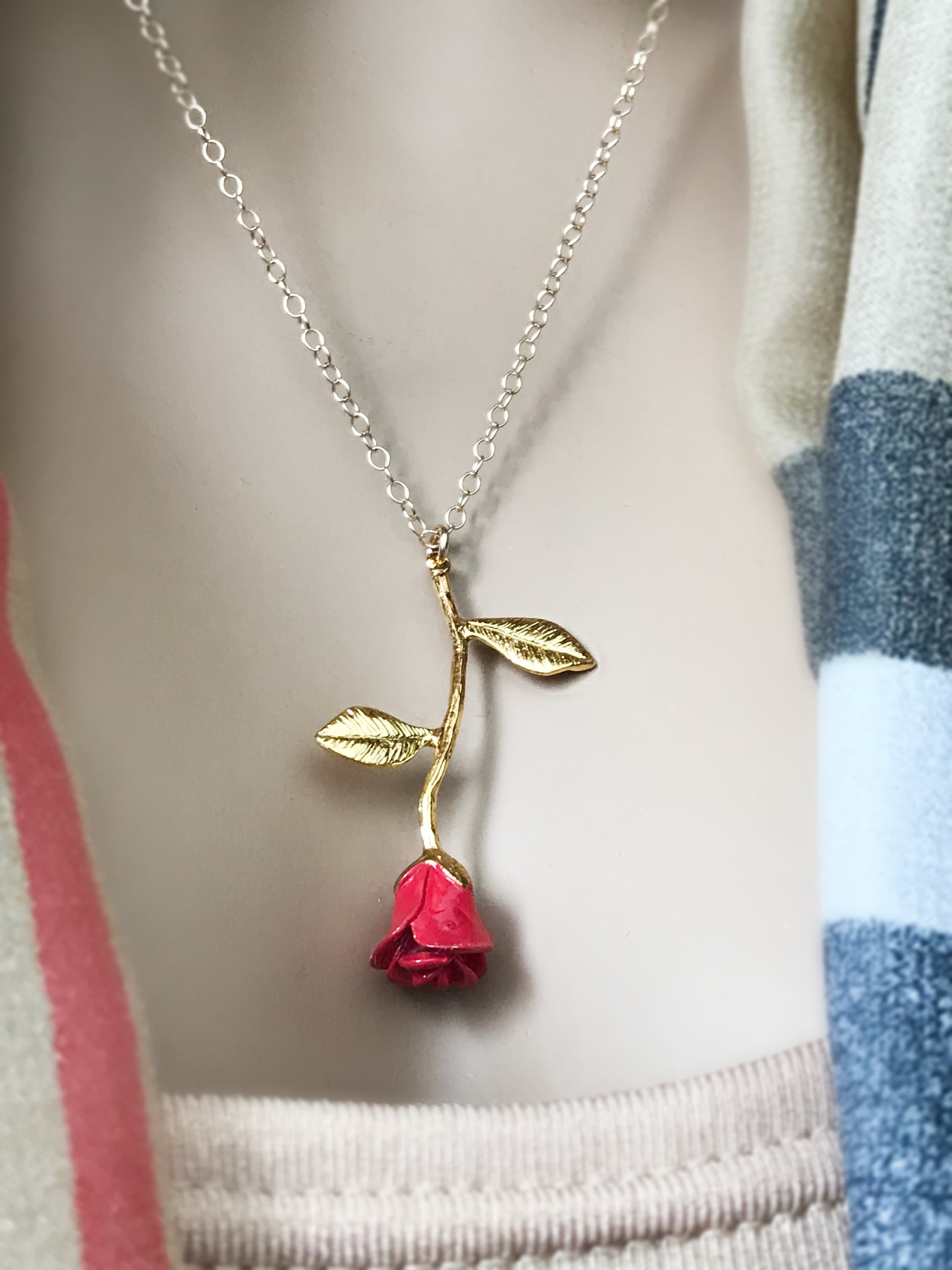 Red Rose Gold Necklace, 14k Gold Filled Necklace, Dainty Long Stem Rose ...