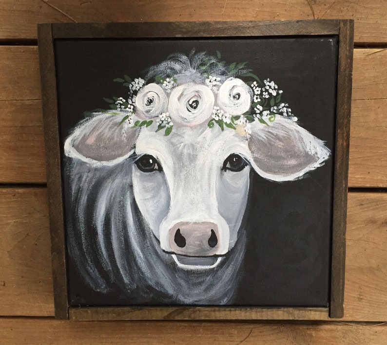 Vaca pintada a mano con flores Pintura acrílica Decoración de la granja ...