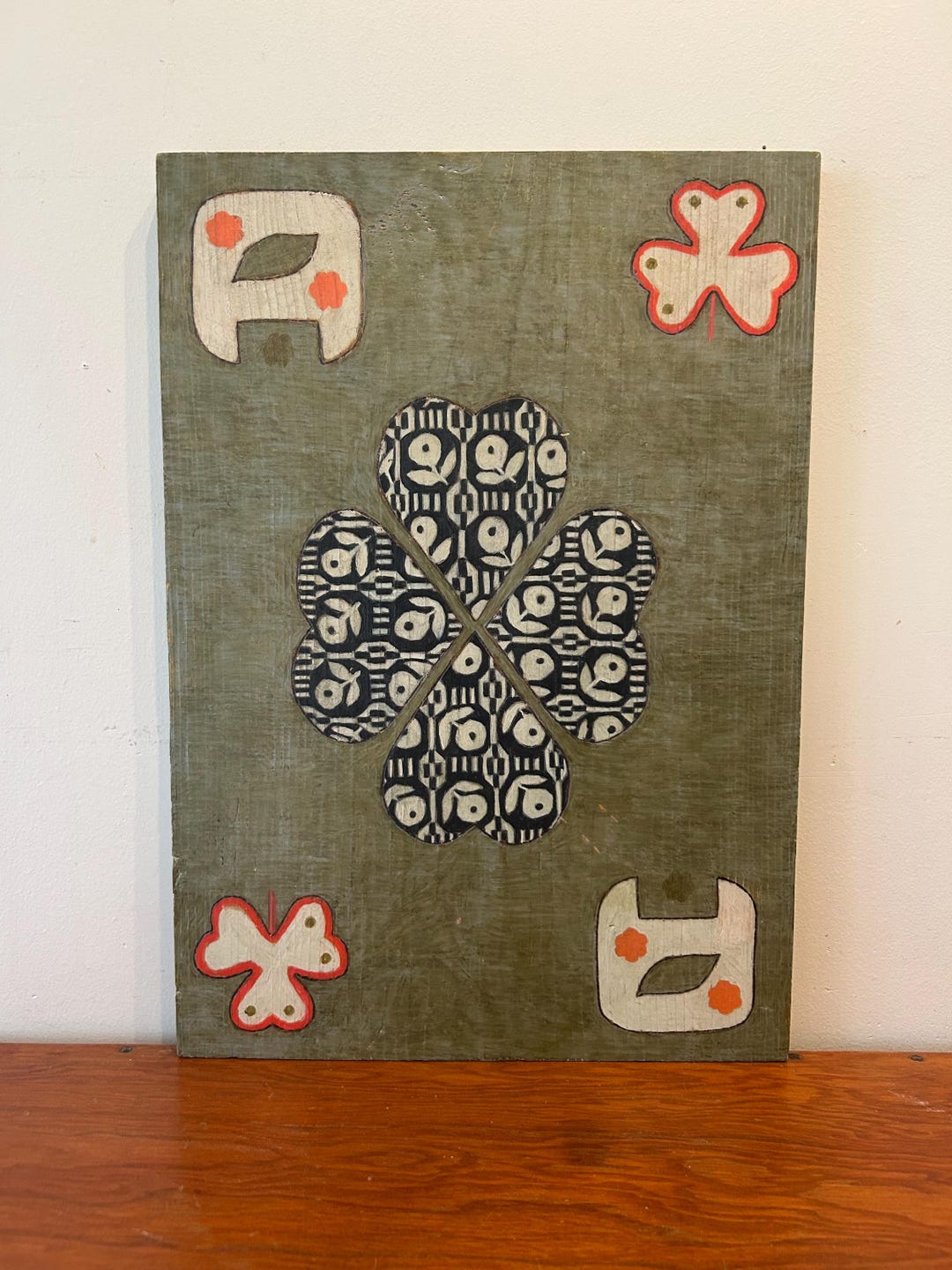 Ace of Clubs, Ace of Clovers, Original on Wood, Playing Card on Wood ...