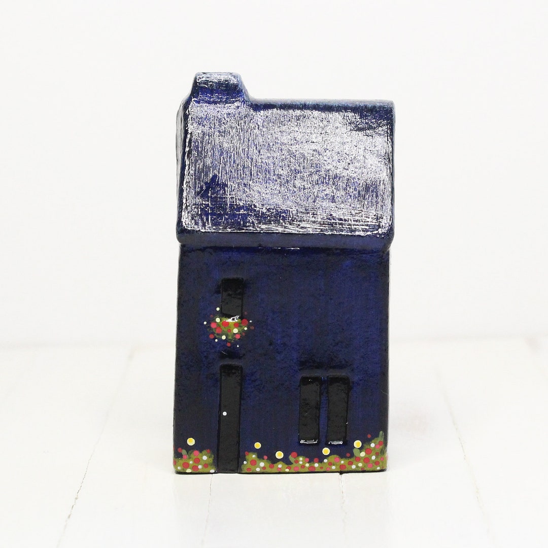 Miniature blue Night House Sculpture Illustrated Clay House - Etsy
