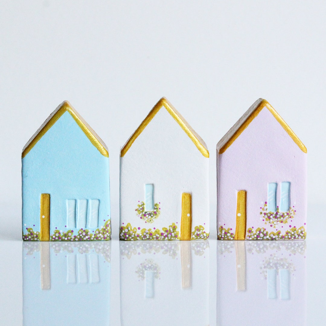 Set of 3 Pastel Illustrated Clay Houses Miniature House Sculptures Air ...