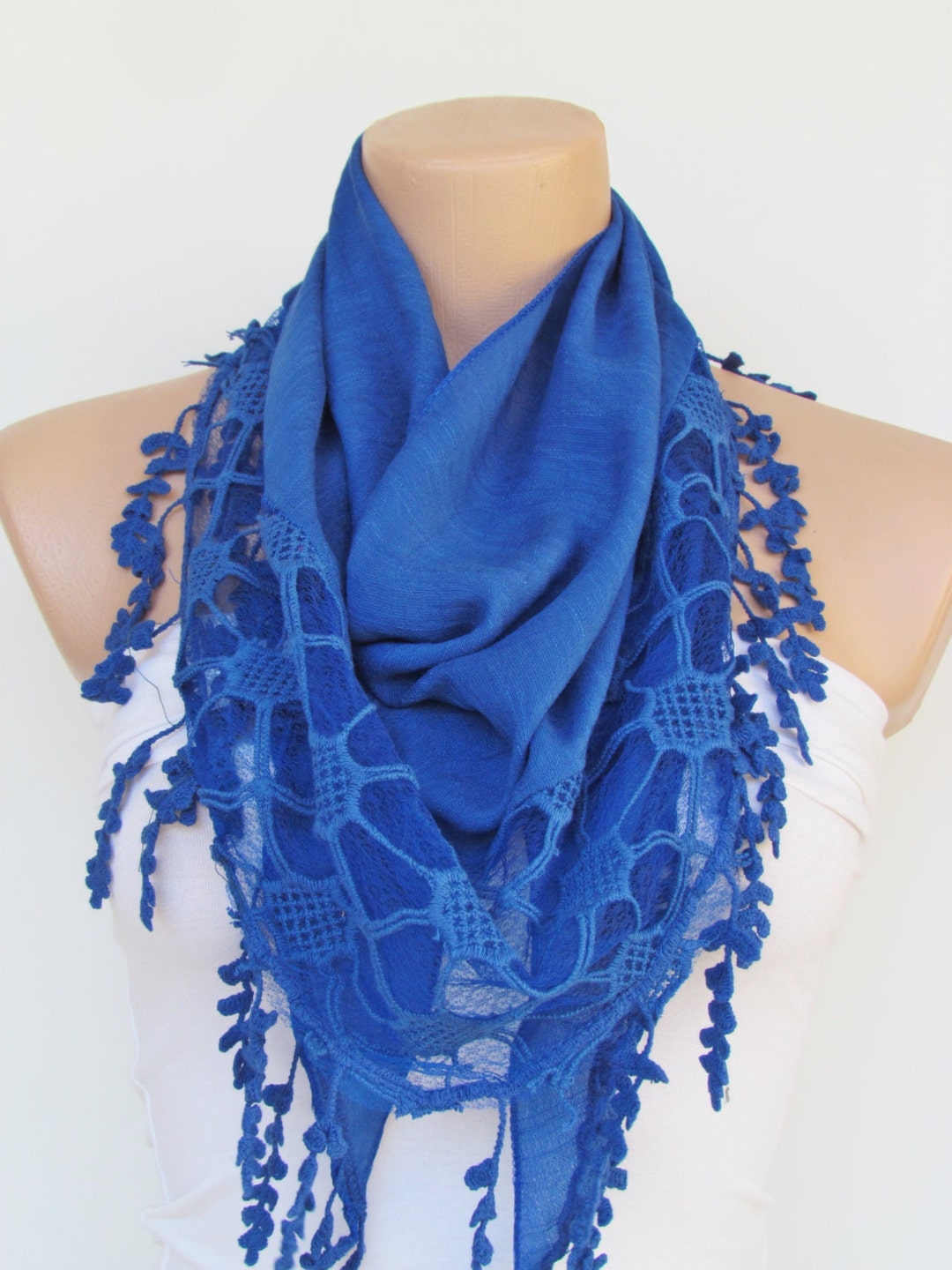 Bufanda azul marino con flecos y encaje -Bufanda chal triangular-Nueva ...