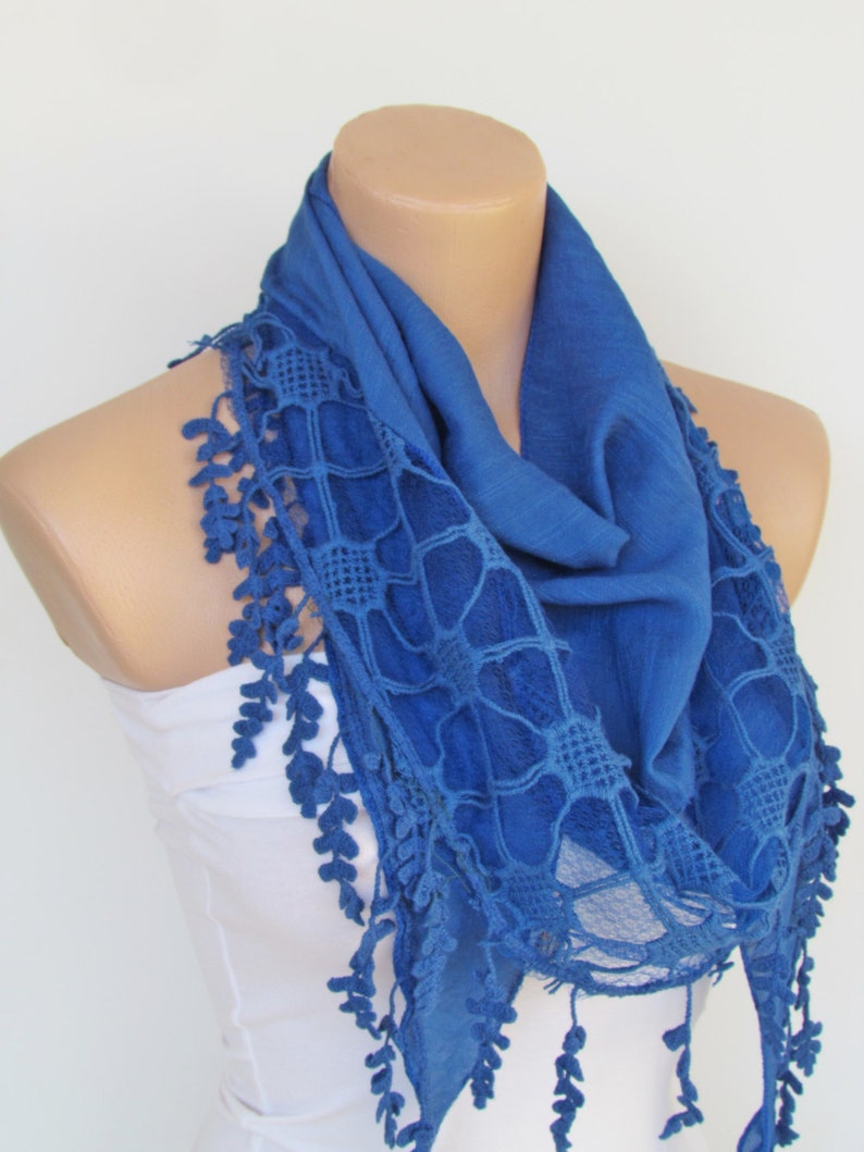 Bufanda azul marino con flecos y encaje -Bufanda chal triangular-Nueva ...