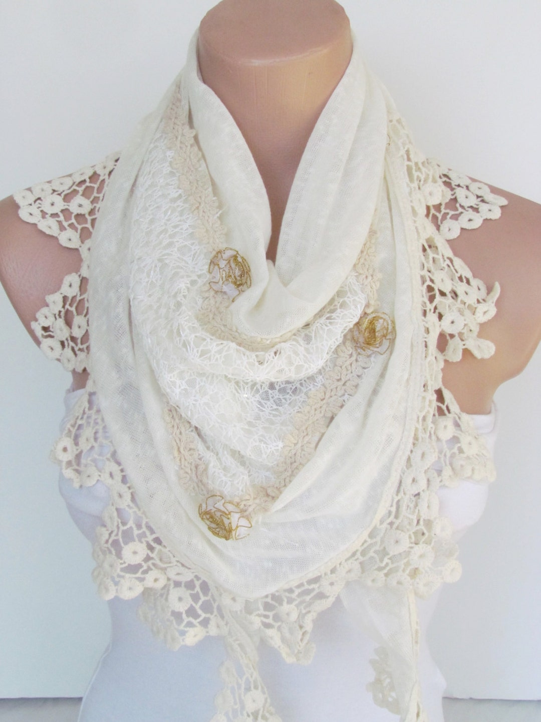 Cream Scarf With Fringe -triangle Shawl Scarf - New Season - Neck ...