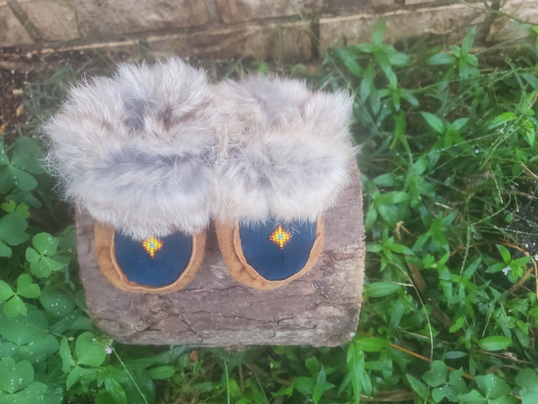 Ojibwe Native American Style Baby Moccasins Buffalo Hide, Rabbit Fur ...