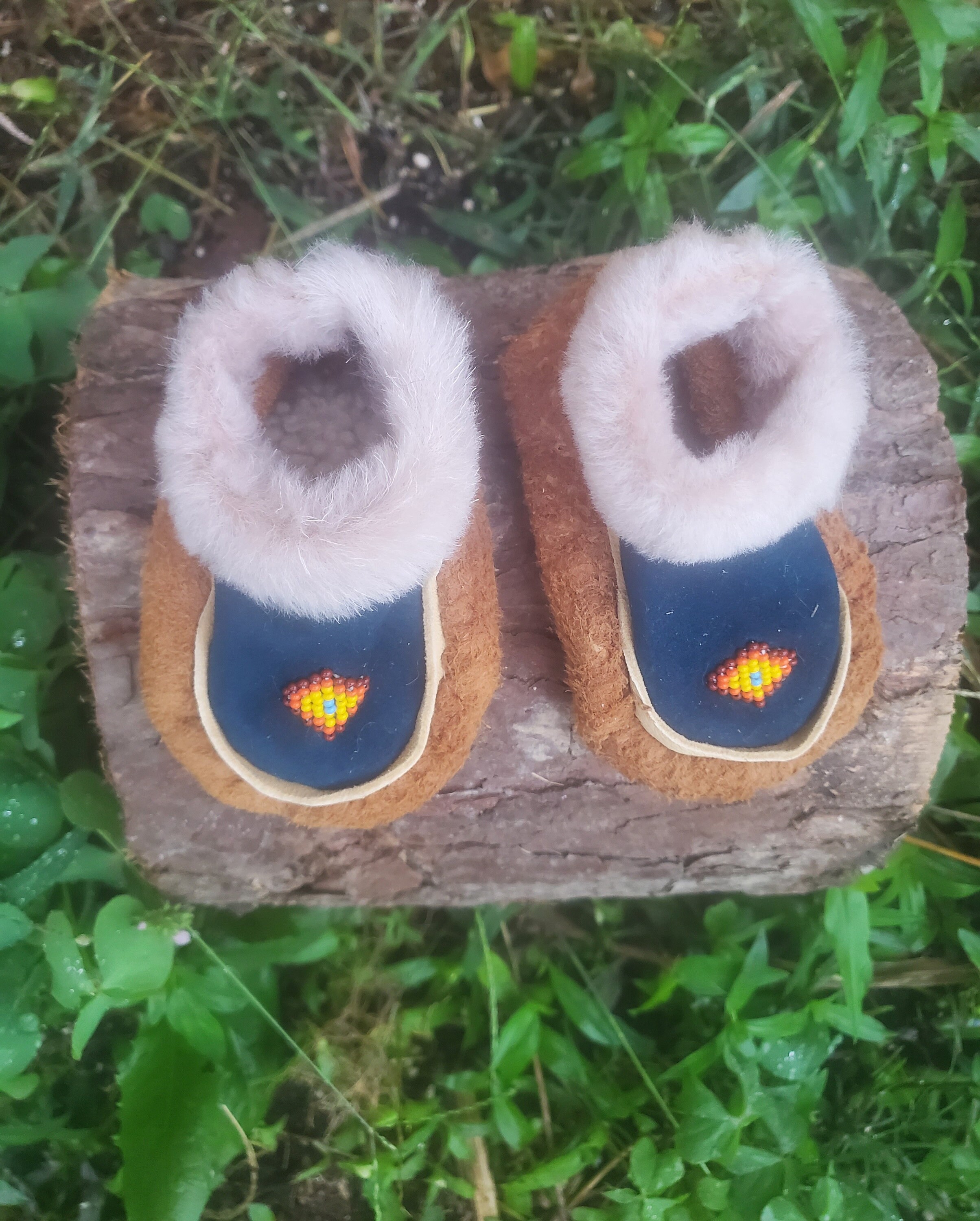 Ojibwe Native American Style Baby Moccasins Buffalo Hide, Fur Trim With ...