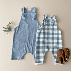 Dusty Blue Plaid Knot Overalls / Short or Long / Adjustable Overall ...