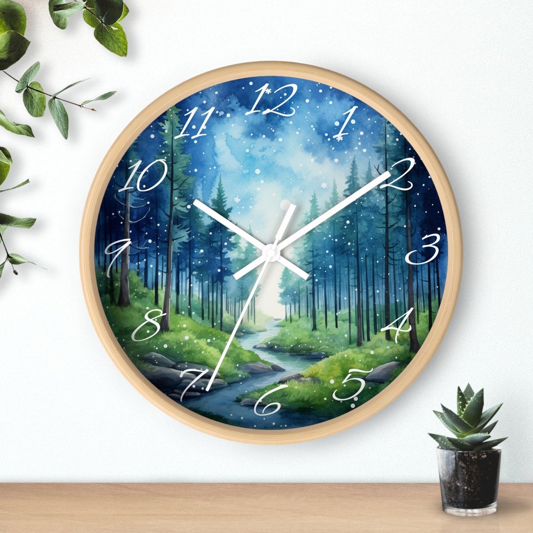 Starry Night Forest Watercolor Wall Clock Unique Clock Gift - Etsy