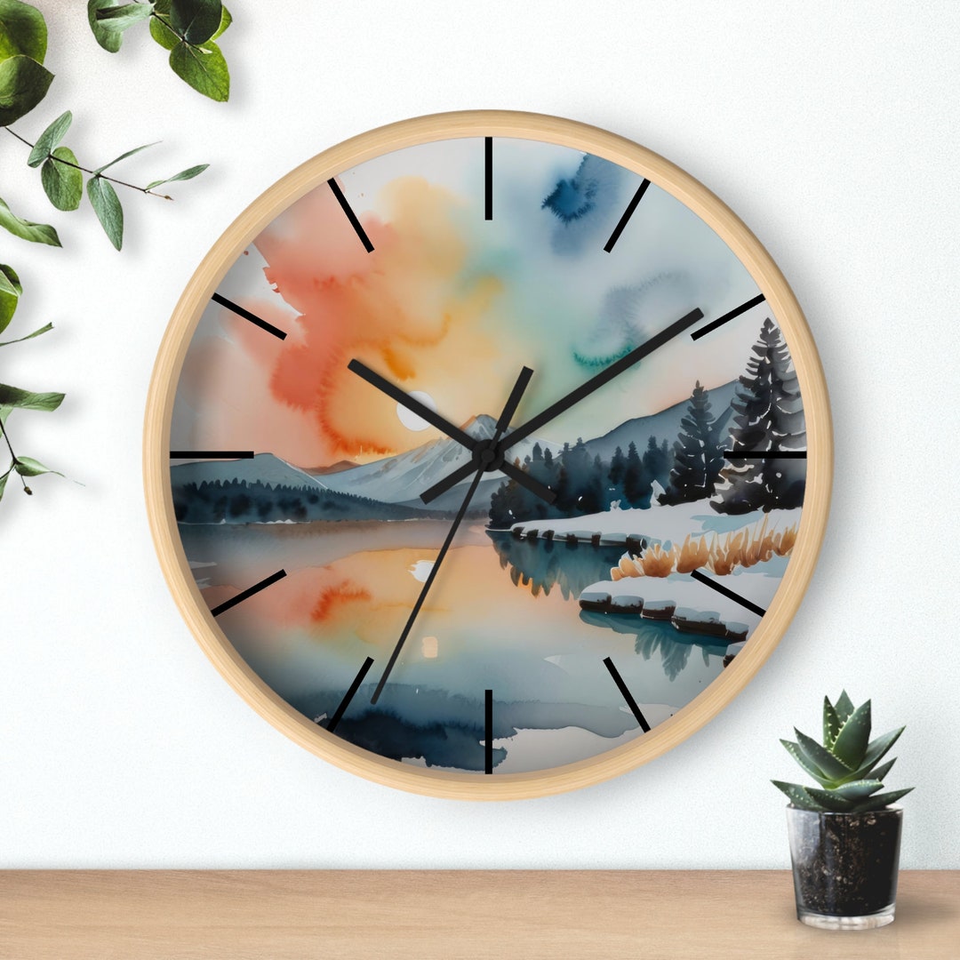Watercolor Mountain Lake Designer Wall Clock - Etsy