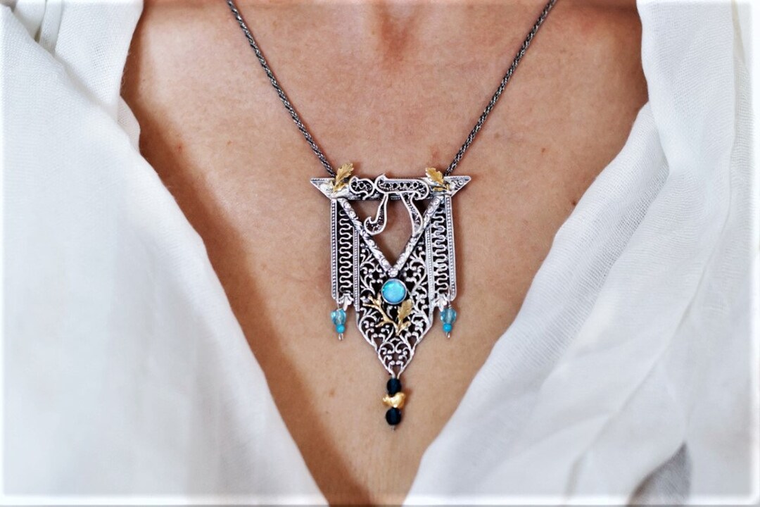 Chai Necklace. Silver Filigree. Gold. Unique. Blue Opal. Tribal ...