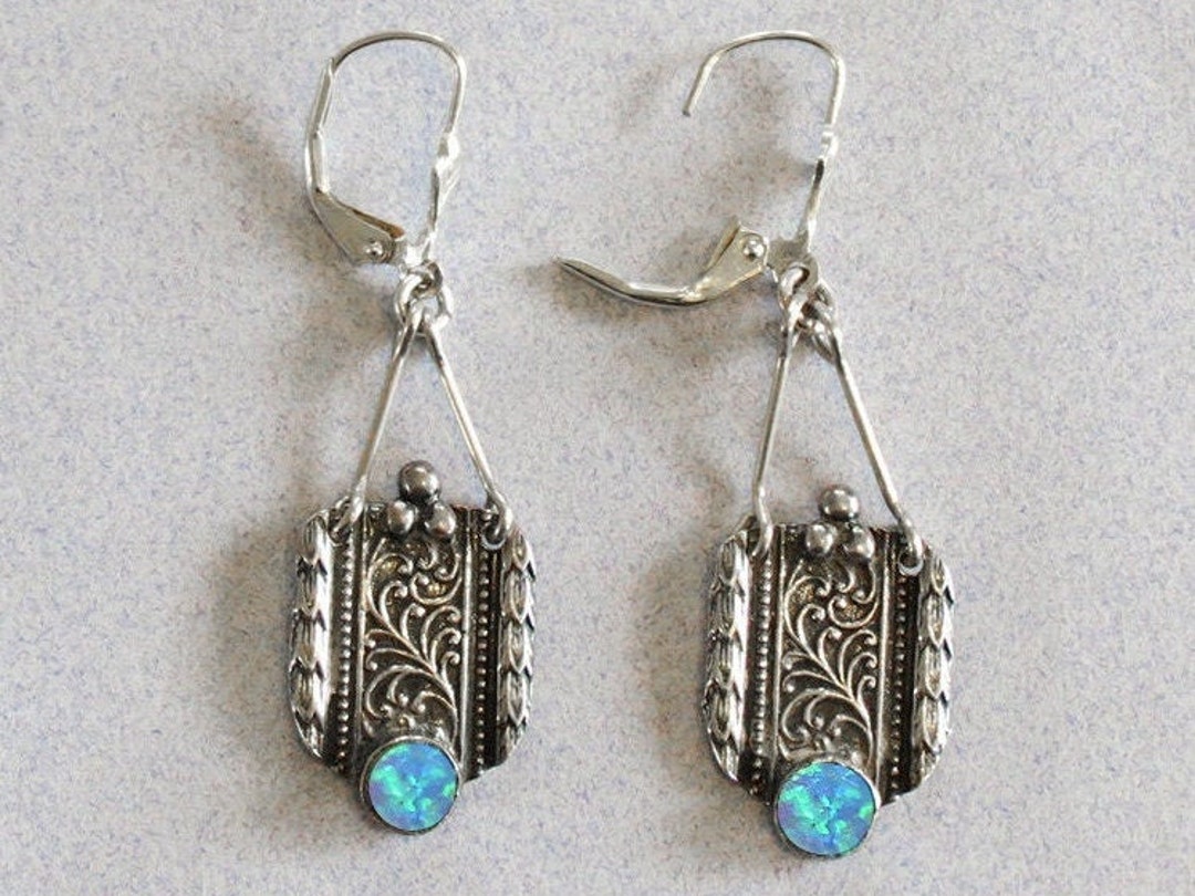 Israeli Earrings. Silver. Blue Opal. Handmade. Art Nouveau Design ...