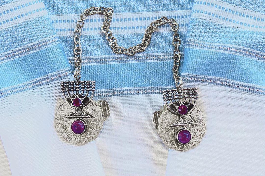 Tallit Clips. Silver. Menorah. Amethysts. Handmade. Prayer Shawl Clips ...
