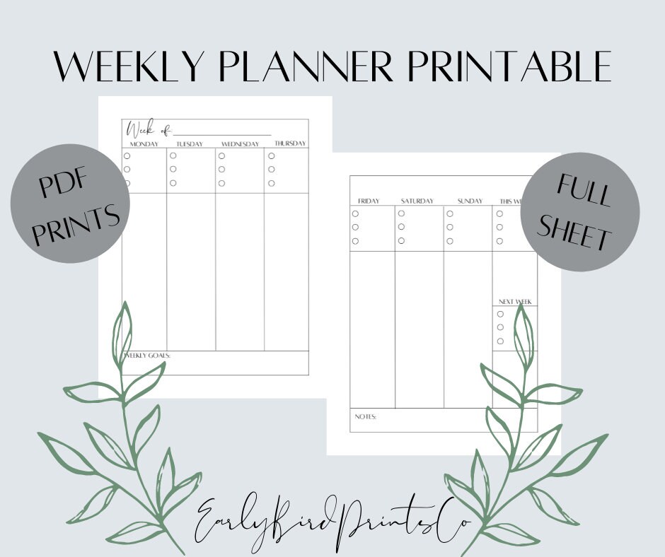 Weekly Planner Printable to Do Planner Printable Full Page PDF Prints ...