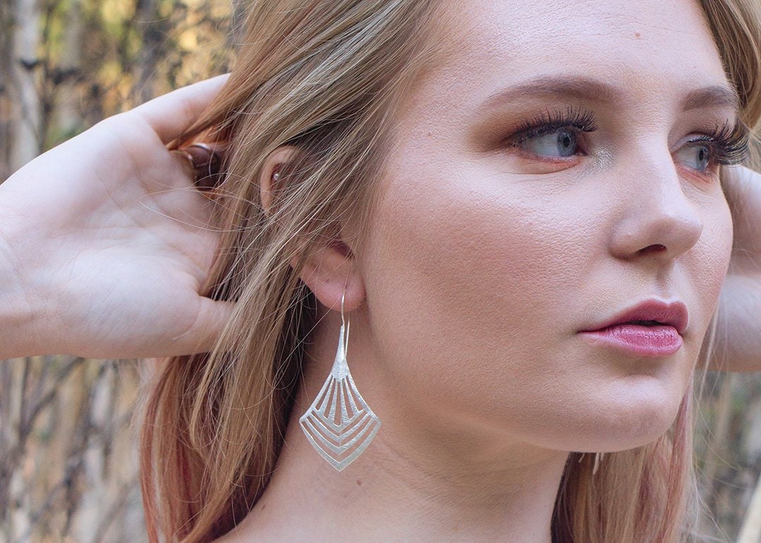Sterling Silver Flapper Earrings // Art Deco Artisan Fan Dangles ...