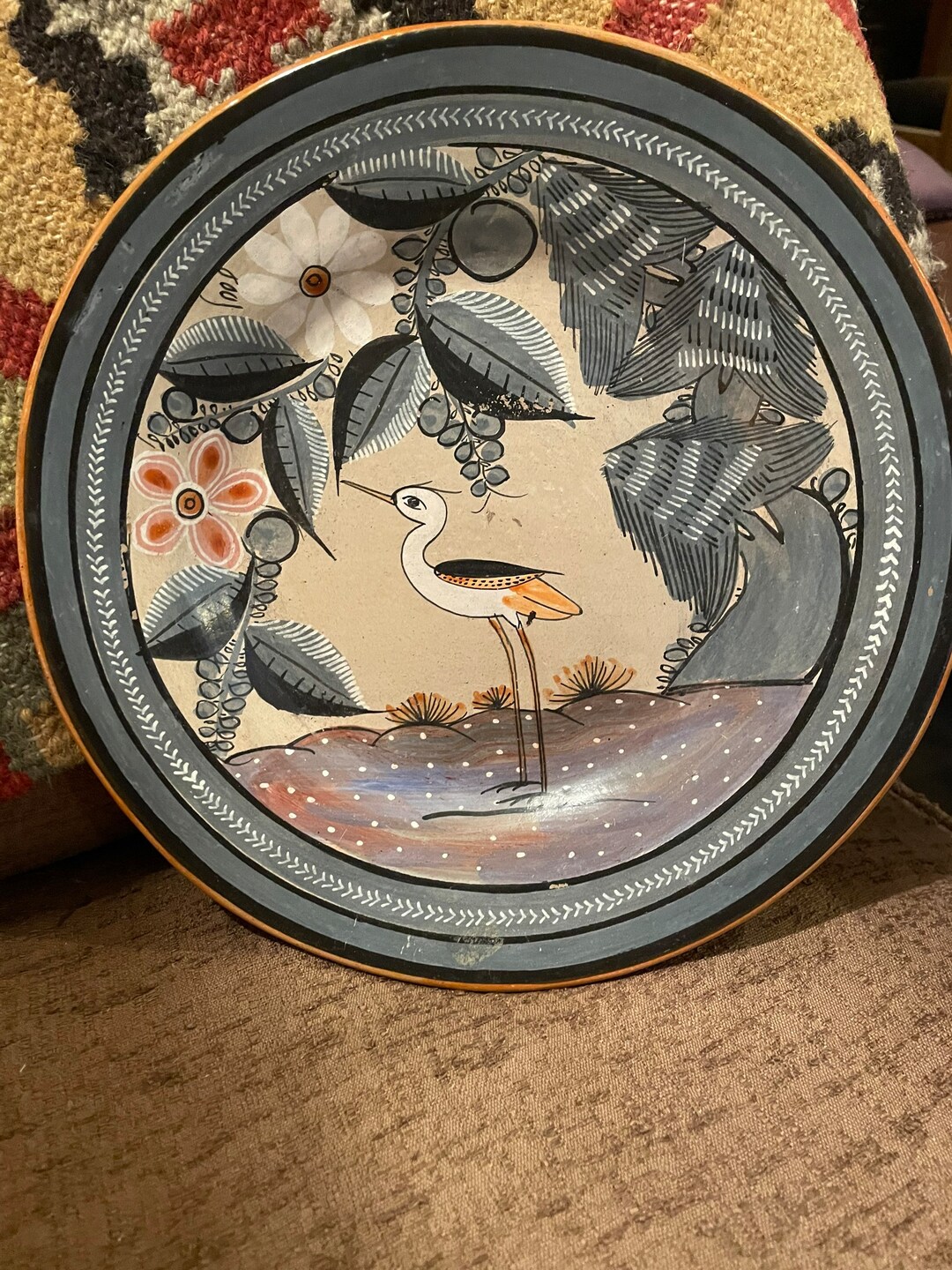 Vintage Signed Mexican Pottery Stork / Crane Art Plate Free US Shipping ...