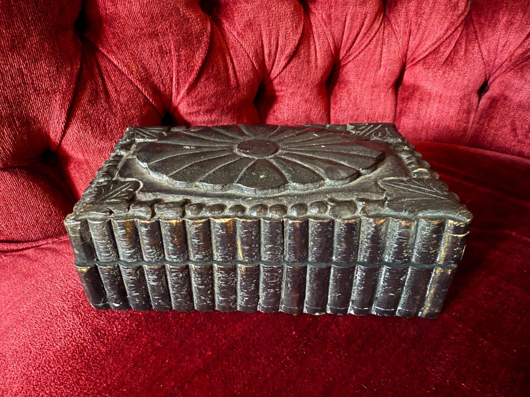 Antique Hand Carved Hand Painted Black Wood Box Keepsake Box Jewelry ...