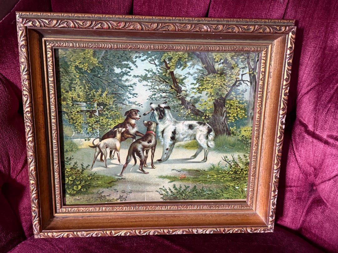 Antique Dogs Nature Scene Print in Vintage Wood Gold Frame Art Piece ...