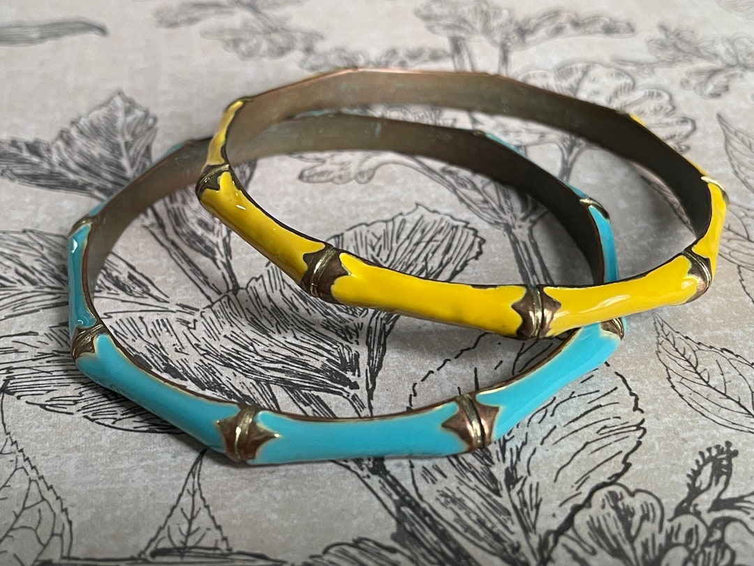 Pair of Vintage Teal and Yellow Color Enamel Bamboo Bangle Bracelets - Etsy