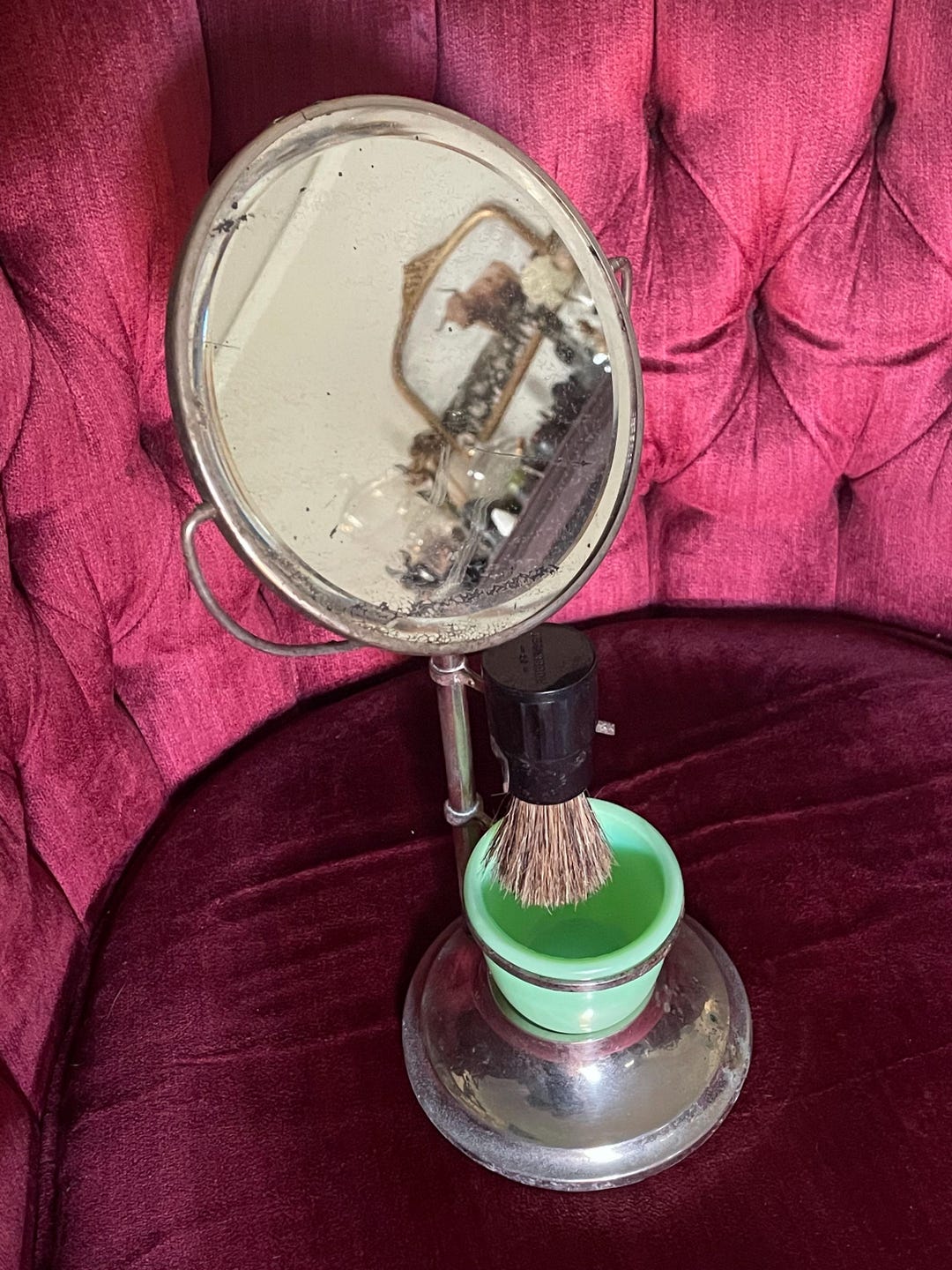 Vintage Freestanding Shaving Mirror Stand W/ Shaving Brush and Jadeite ...