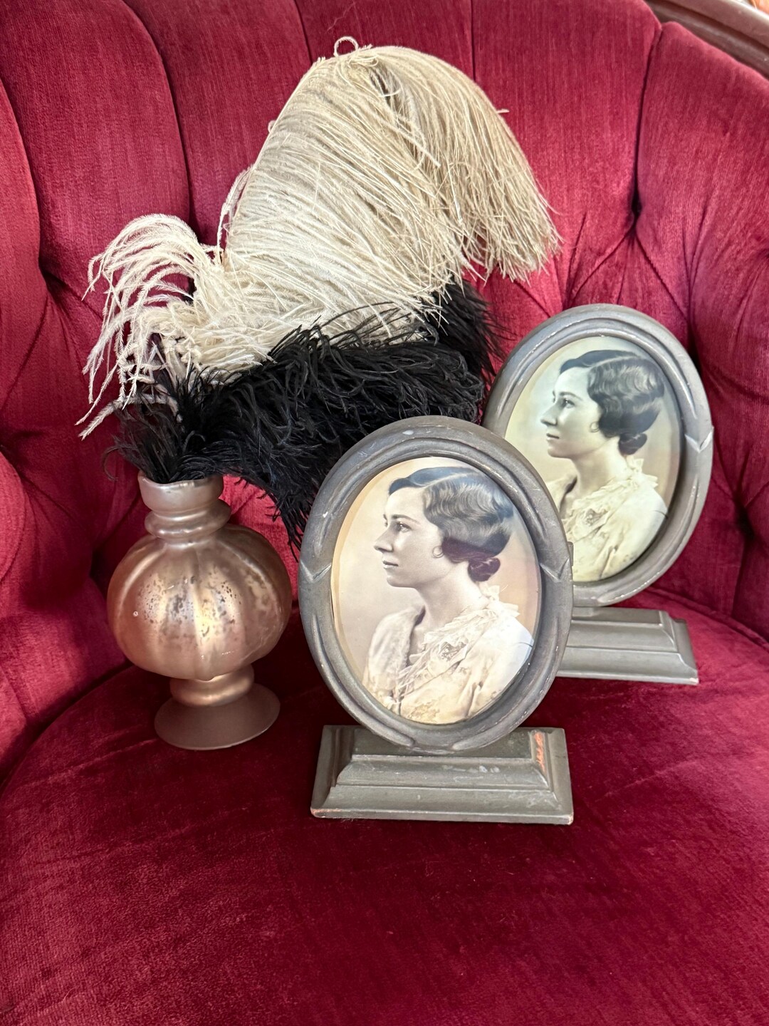 Vintage Gray Wood Oval Tilt Frame Freestanding Table Frame Young Woman ...