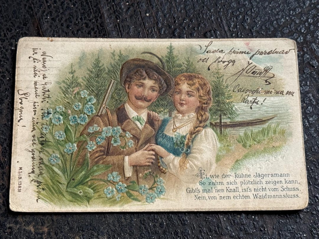 Antique German Victorian Huntsman and Beautiful Lasy Romantic Postcard ...