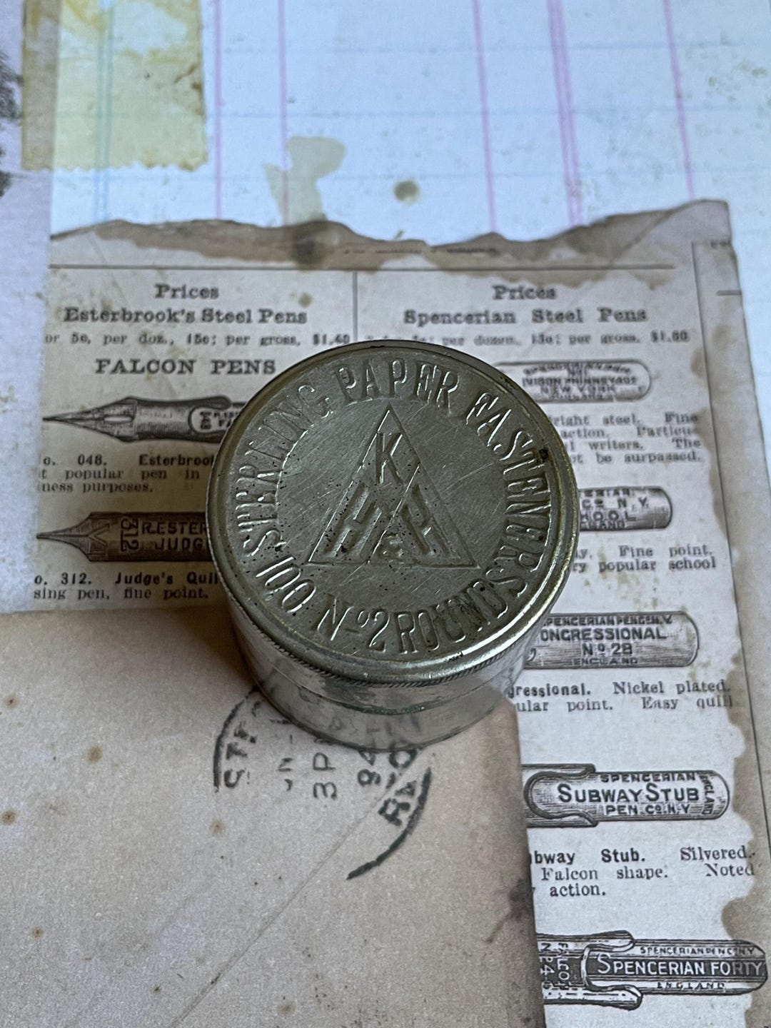 Antique Sterling Paper Fasteners No 2 Round Empty Metal Container KH&H ...