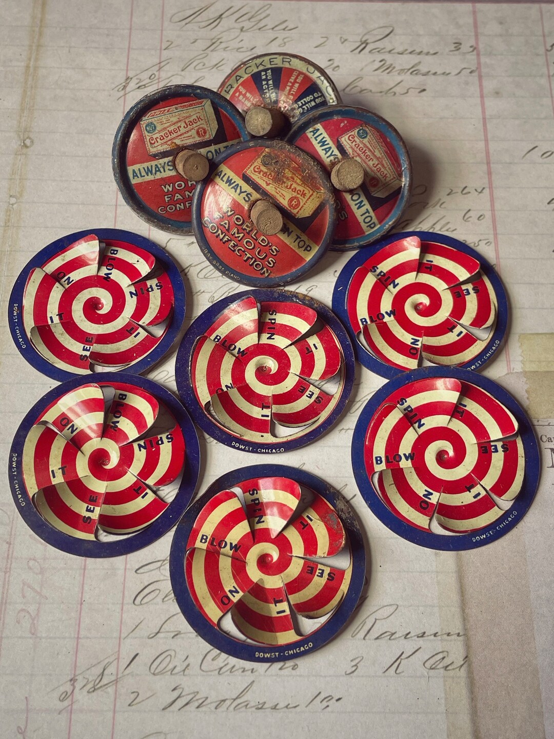 Antique Crackerjack Cracker Jack Tin & Wood Top Spinners Toys Games ...