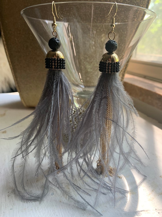 Feather Lava Bead Rhinestone Chain Tassel Fringe Earrings | Etsy