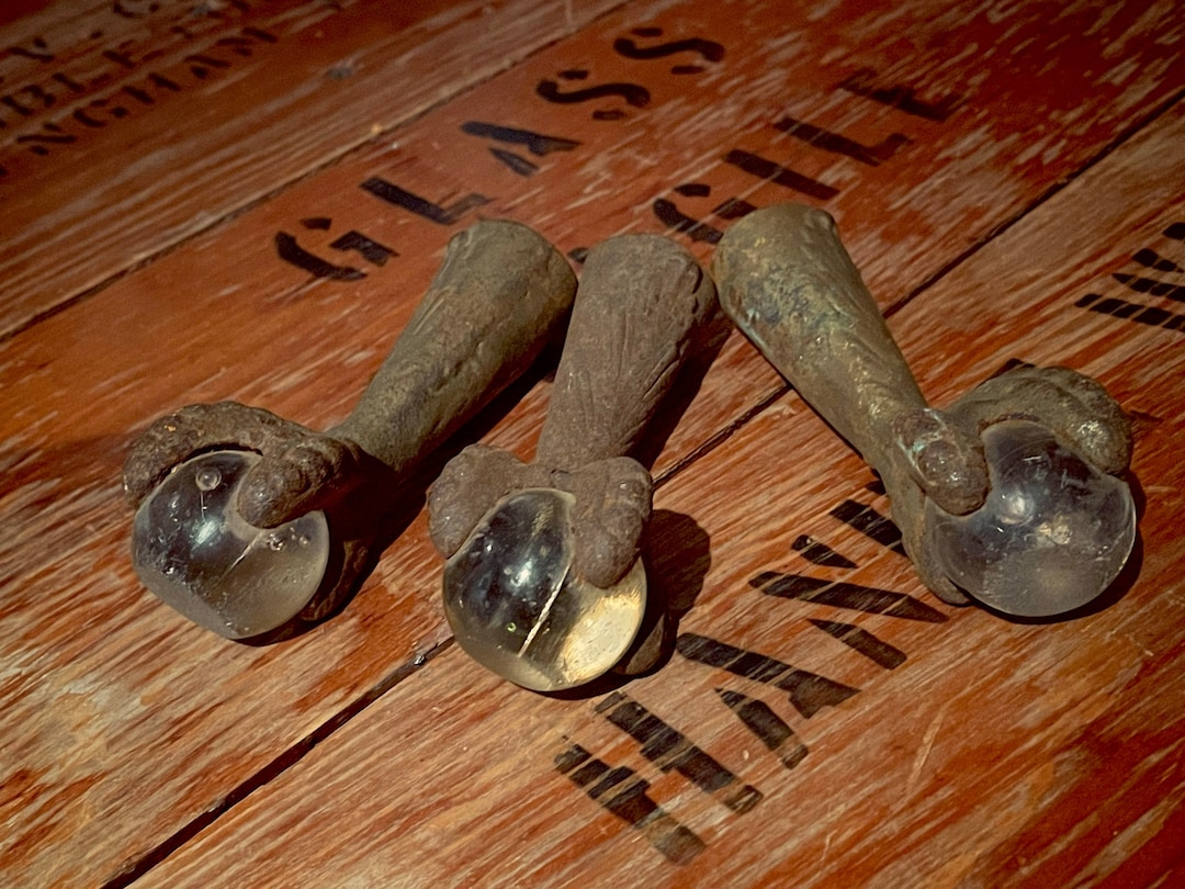 Set of 3 Antique Cast Iron Clawfoot Glass Ball Table Leg Feet Hardware ...