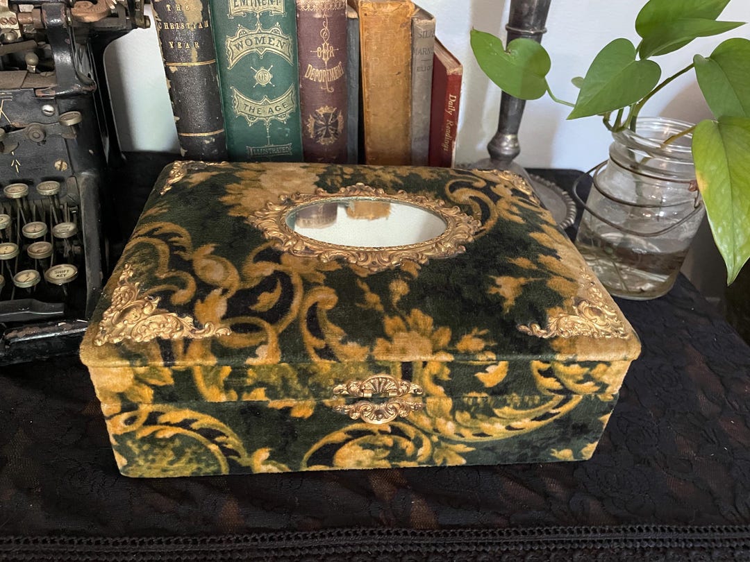 Antique Victorian Green & Gold Floral Velvet Box W/ Mirror and Ornate ...