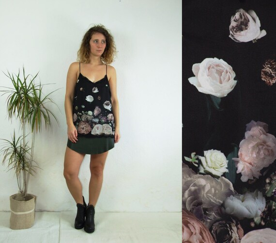 90's Vintage Women's Black Rose Printed Top With Lace - Etsy