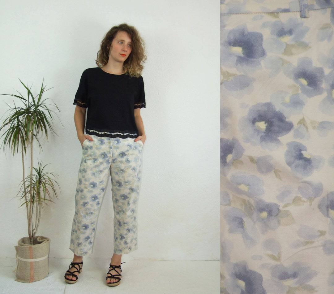 80's Vintage Women's White-blue Flower Patterned Gigh Waisted Pants - Etsy