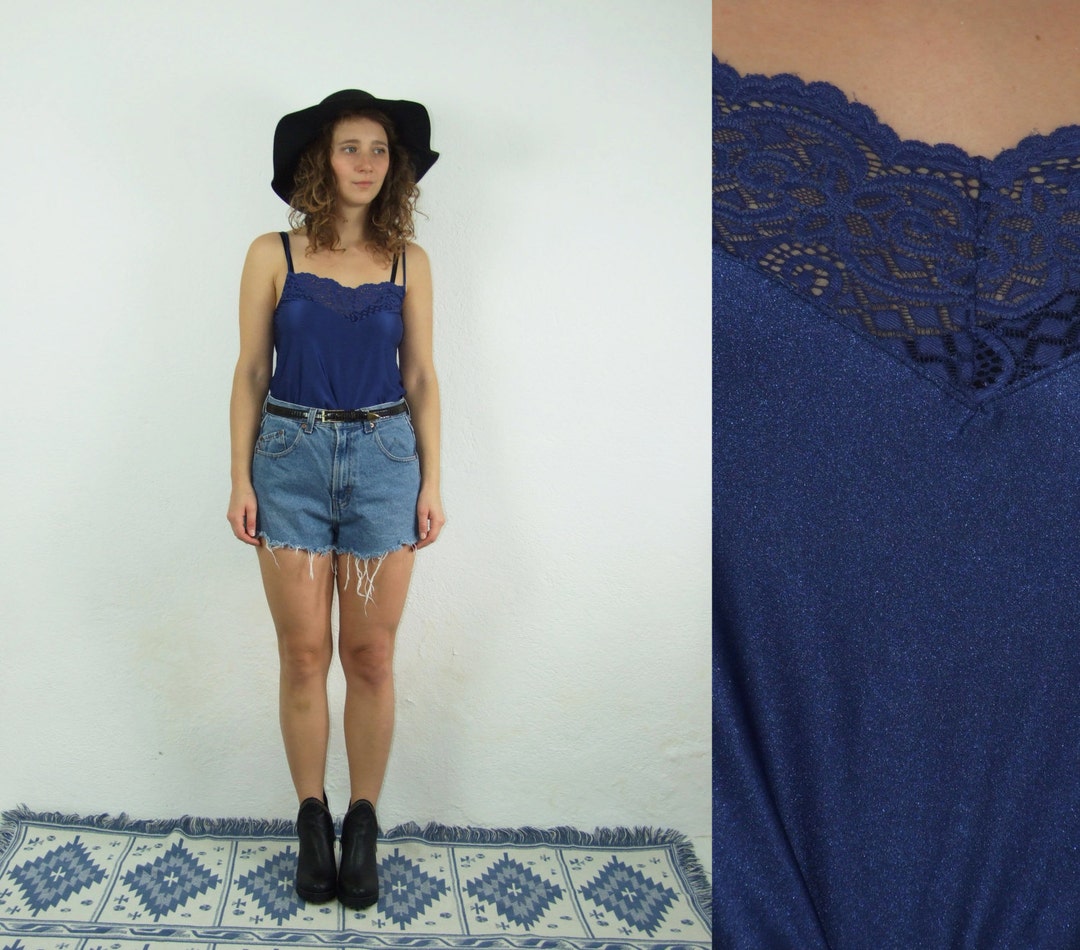 80's Vintage Women's Indigo Top With Lace - Etsy