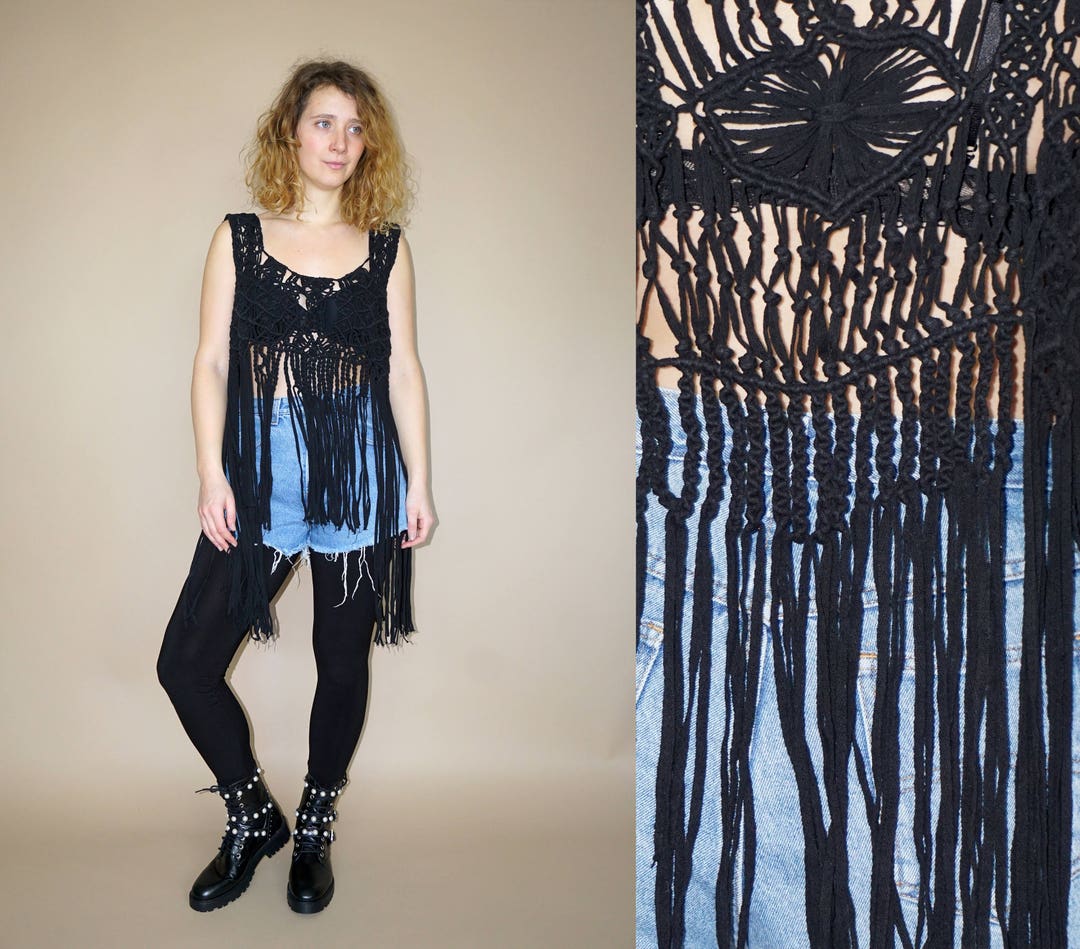 Vintage Black Crochetted Black Bohemian Hippie Transparent Frilly Top ...