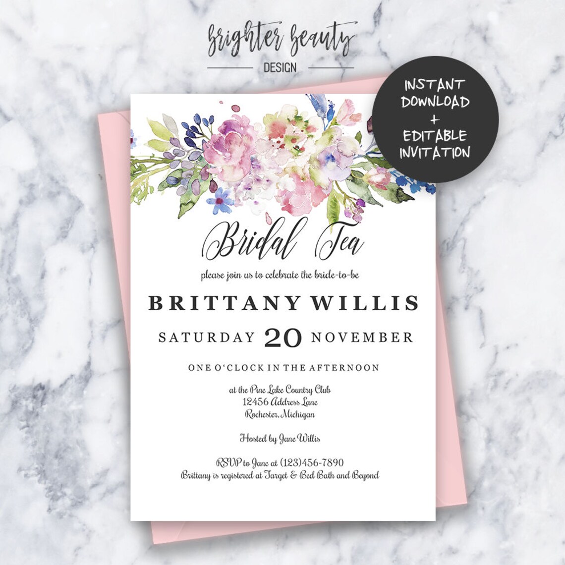 Floral Bridal Tea Invitation INSTANT DOWNLOAD Editable - Etsy