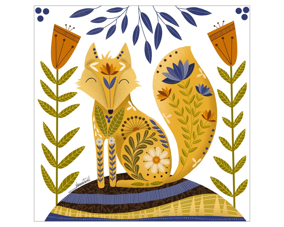 Folk Art Fox 8x8 Art Print - Etsy