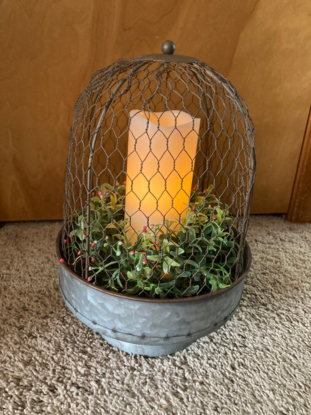 Large Farmhouse Wire Mesh Cloche With Galvanized Tray With Grapevine ...
